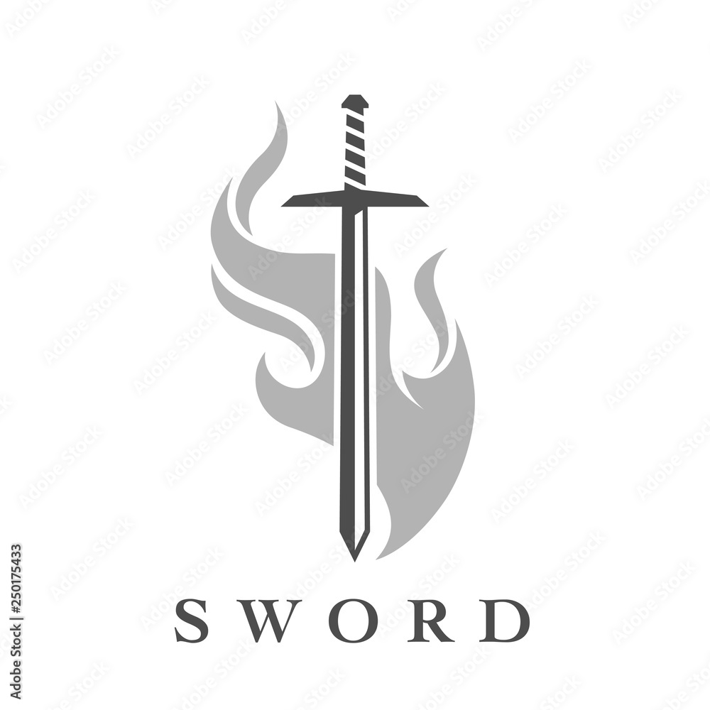 Sword with flame logo template. Professional weapon icon isolated on ...