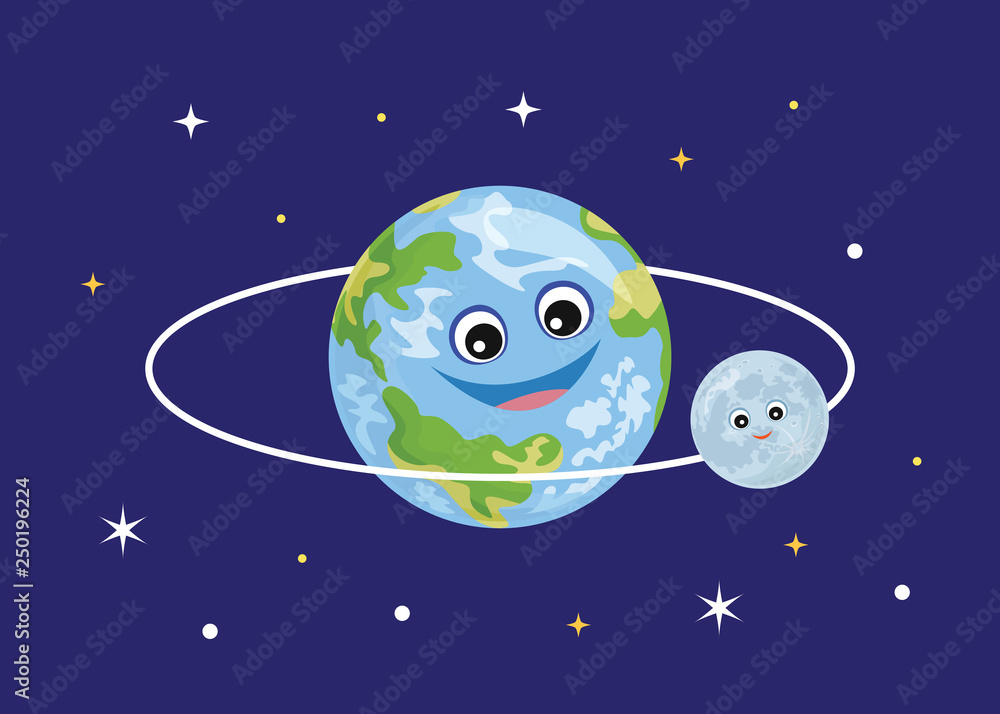 Cute earth and moon against the starry sky. Funny cartoon characters ...