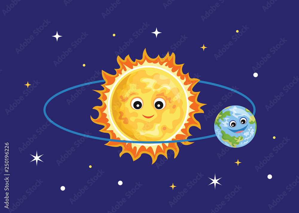 Cute sun and earth against the starry sky. Funny cartoon characters ...