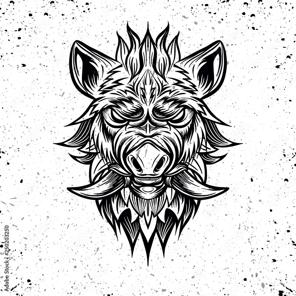Patterned head of boar. Pig. Swine. Symbol of 2019. Tattoo design. It ...