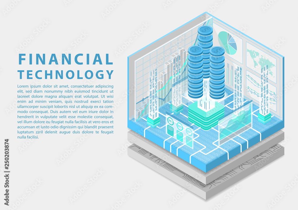 Financial technology concept with stacks of virtual dollars and data ...