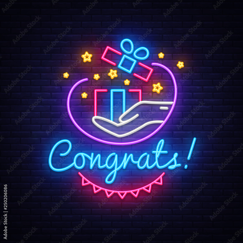 Congrats Neon Signboard Vector. Gift neon sign, design template, modern ...