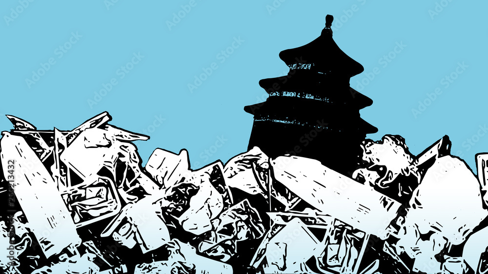 Illustration of a garbage mountain in Peking. Waste in modern society ...