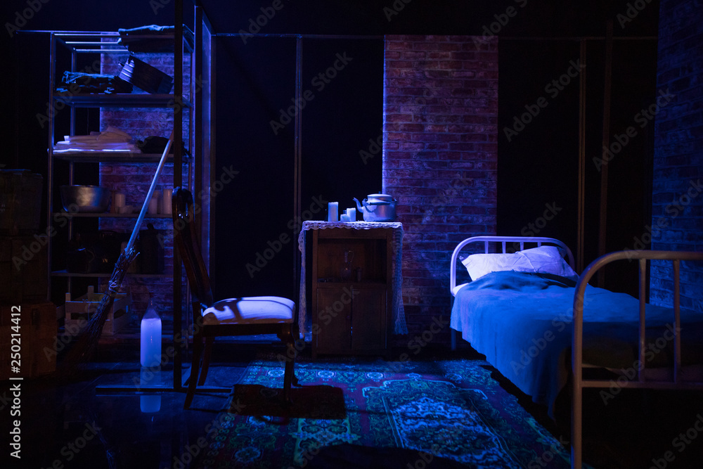 Empty room in retro style in dark colors with old bed and furniture ...