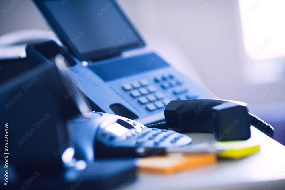 Ip telephony concept. Modern ip phones, sip terminals, conference ...