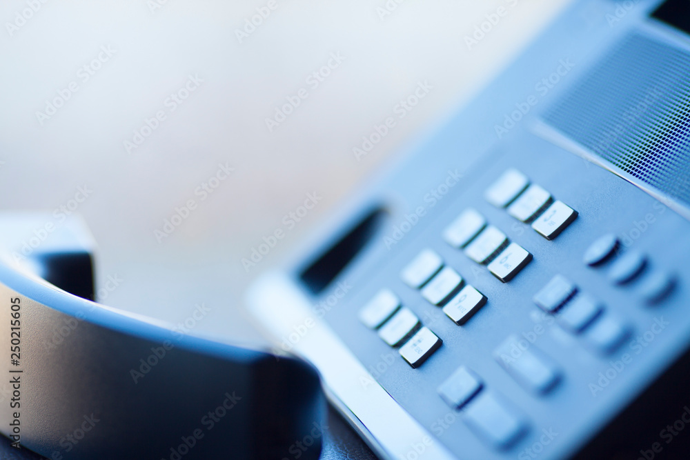 Ip telephony concept. Modern ip phones, sip terminals, conference ...