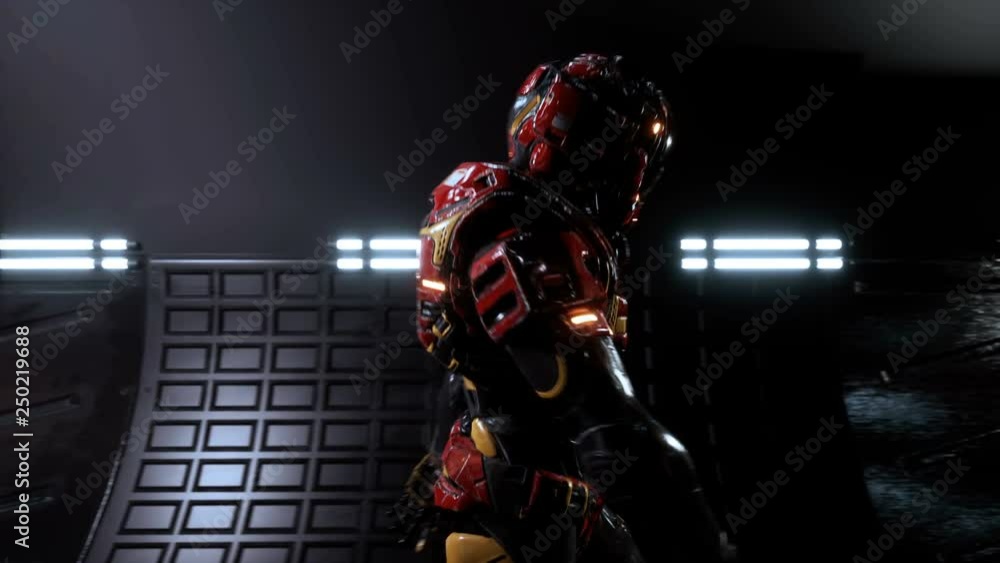 The astronaut passes through a futuristic sci-fi tunnel with sparks and ...