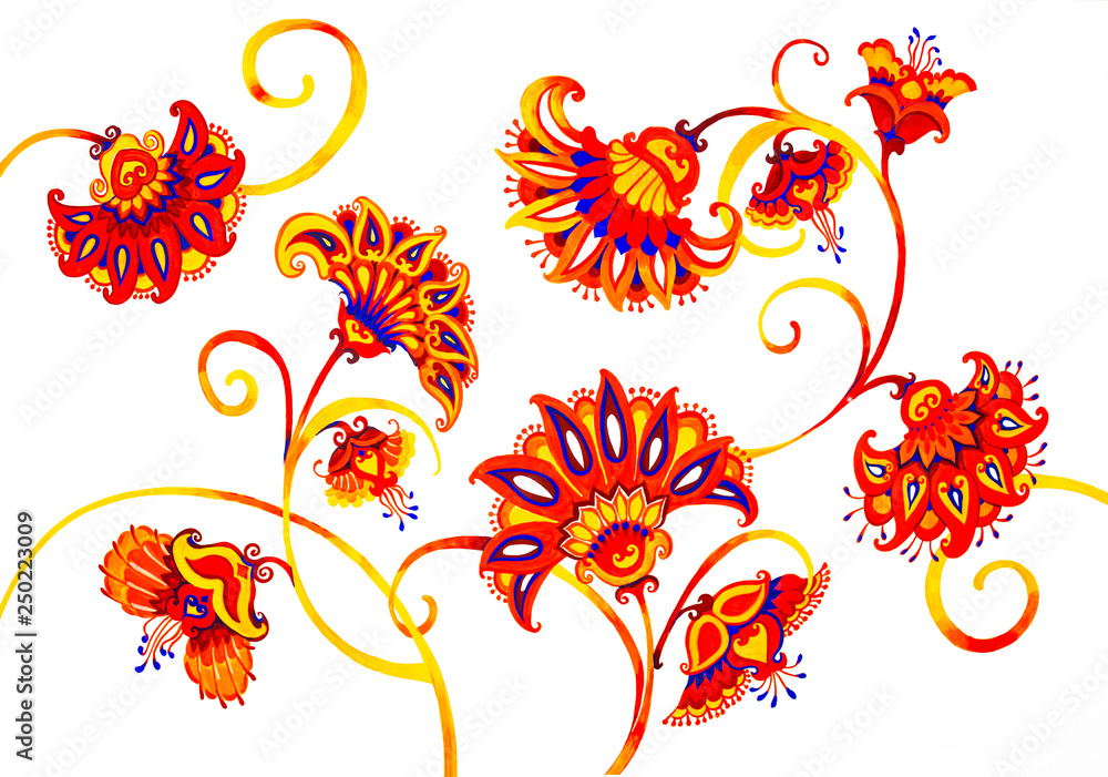 The kalamkari red pattern is painted by hand with paints on a white ...