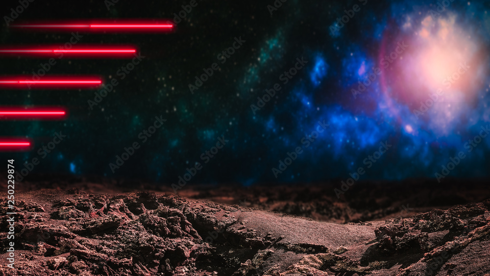 Red laser beams over outer space background with galaxies and stars ...