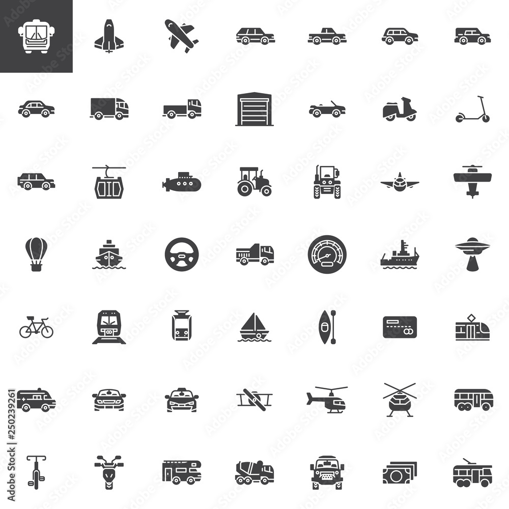 Transport and transportation vector icons set, modern solid symbol ...