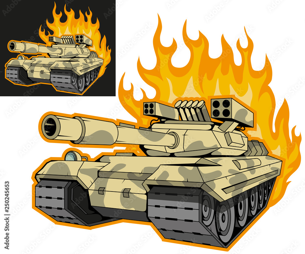 battle tank on fire, variant on black and white background, battle tank ...