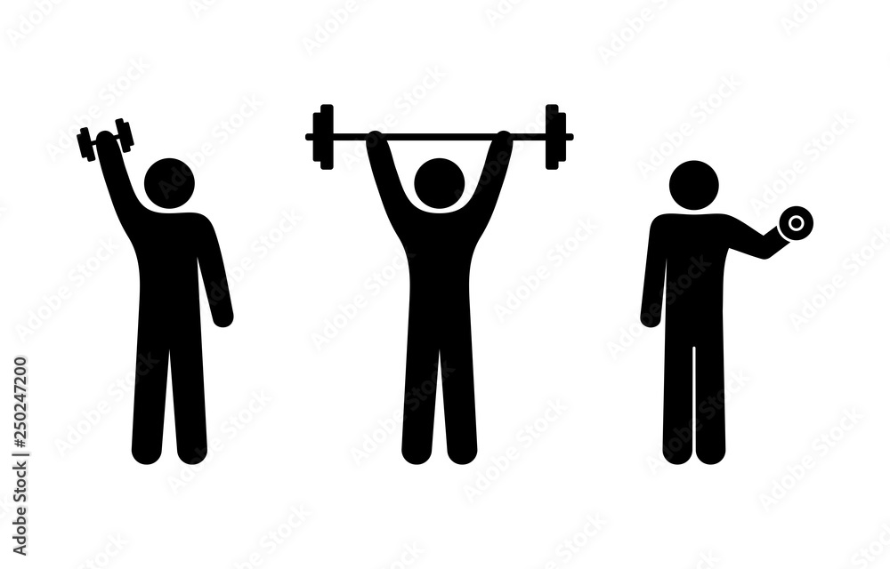 bodybuilding icon, stick figure man with a barbell, isolated pictogram ...