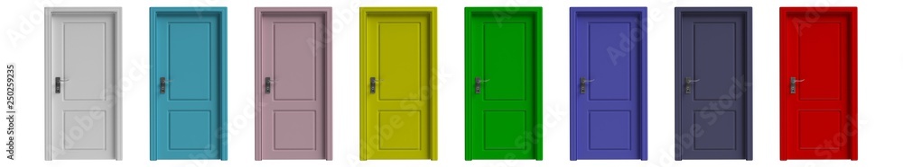 Set of various colors closed doors isolated cutout on white background ...