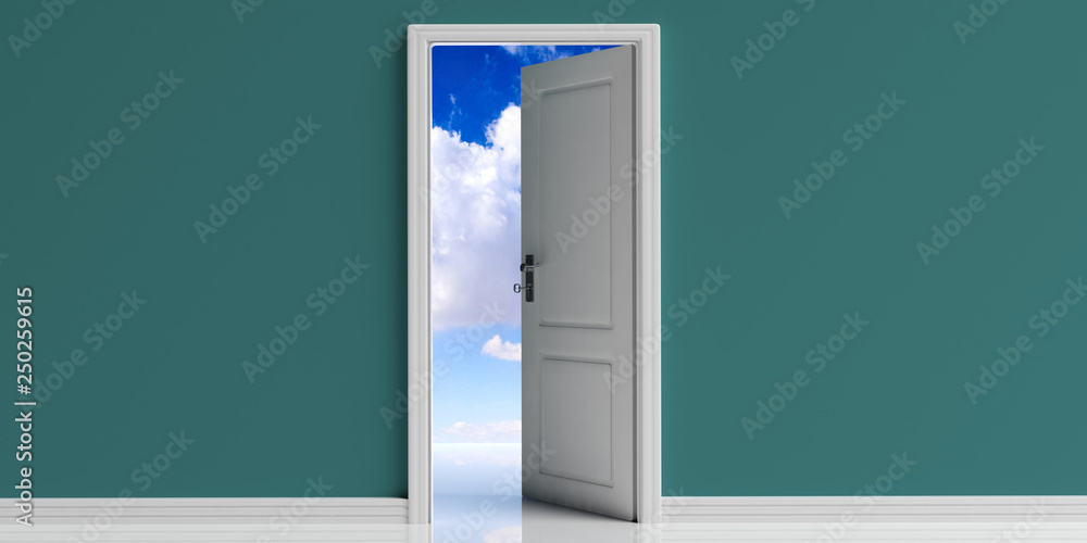 Open door on green wall background, blue sky with clouds view out of ...