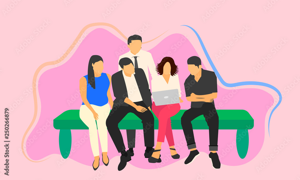 cartoon male female group teamwork looking at labtop talk about ...