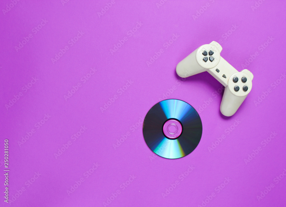 CD's disk, gamepad on a purple background. Retro gaming. Pop culture ...