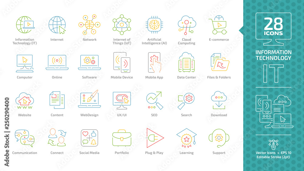 Information technology color editable stroke outline icon set with IT ...