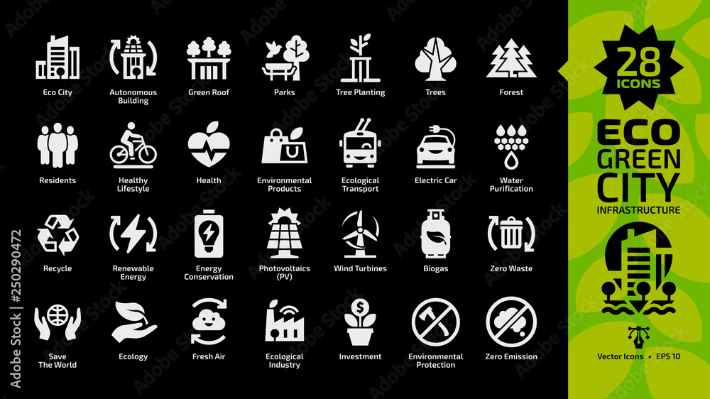 Eco green city white glyph icon set on a black background with ecology ...