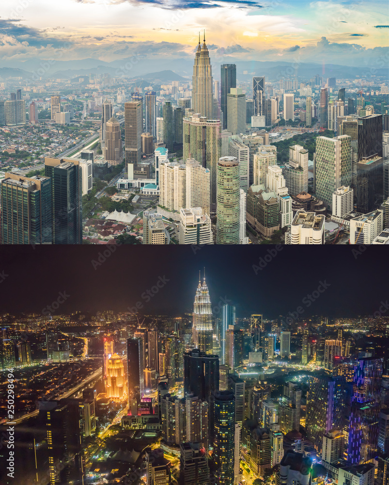 Day and Night. Kuala Lumpur skyline, view of the city, skyscrapers with ...