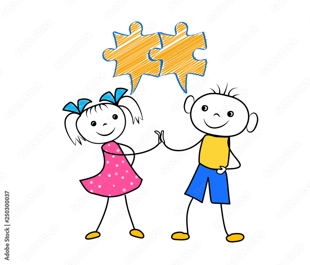 Cartoon characters connecting puzzles together. Hand drawing team work ...