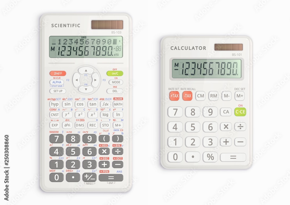 Scientific and simple calculators with solar cell in white color. Stock ...