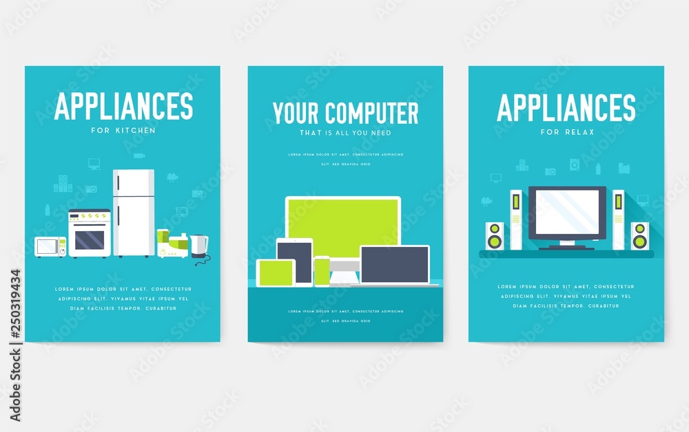 Home appliances cards set. Electronics template of flyear, magazines ...