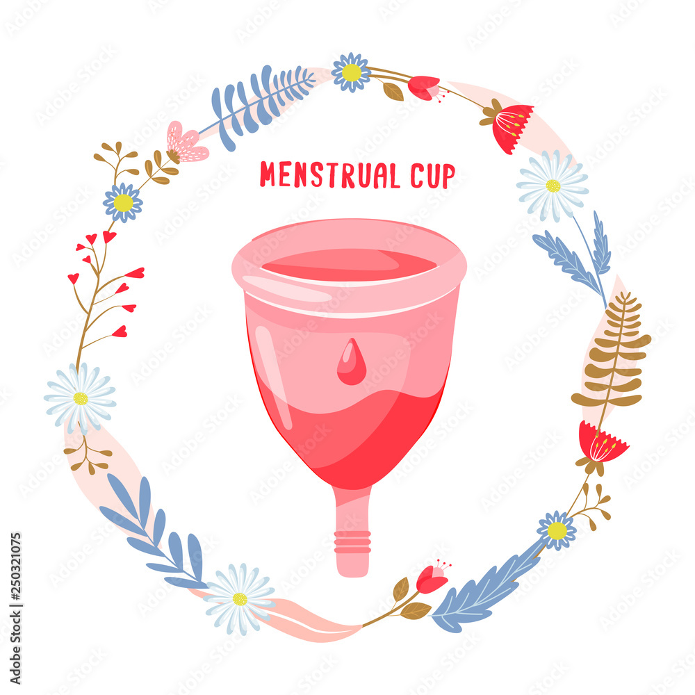 Menstrual cup with flowers and leaves. Flower composition in circle ...