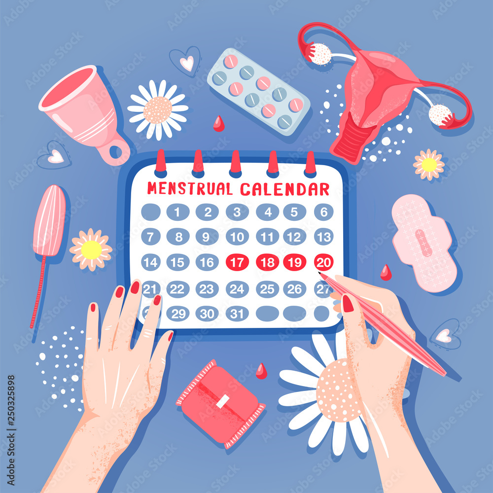 Woman hygiene concept. Woman marks monthly in the calendar ...