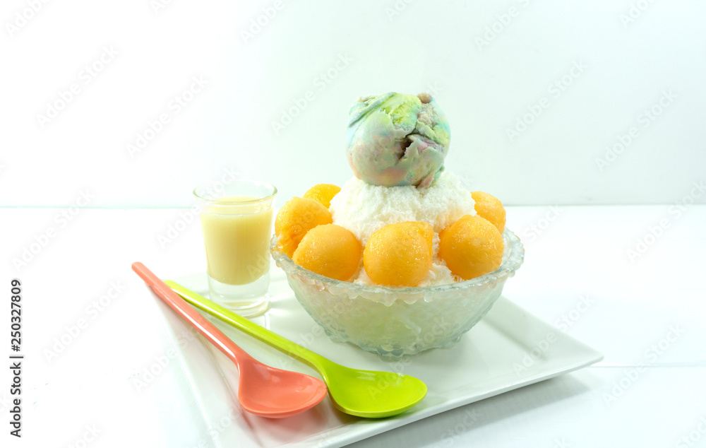 Bing su Rainbow ice cream in glass on white background, Korean dessert ...