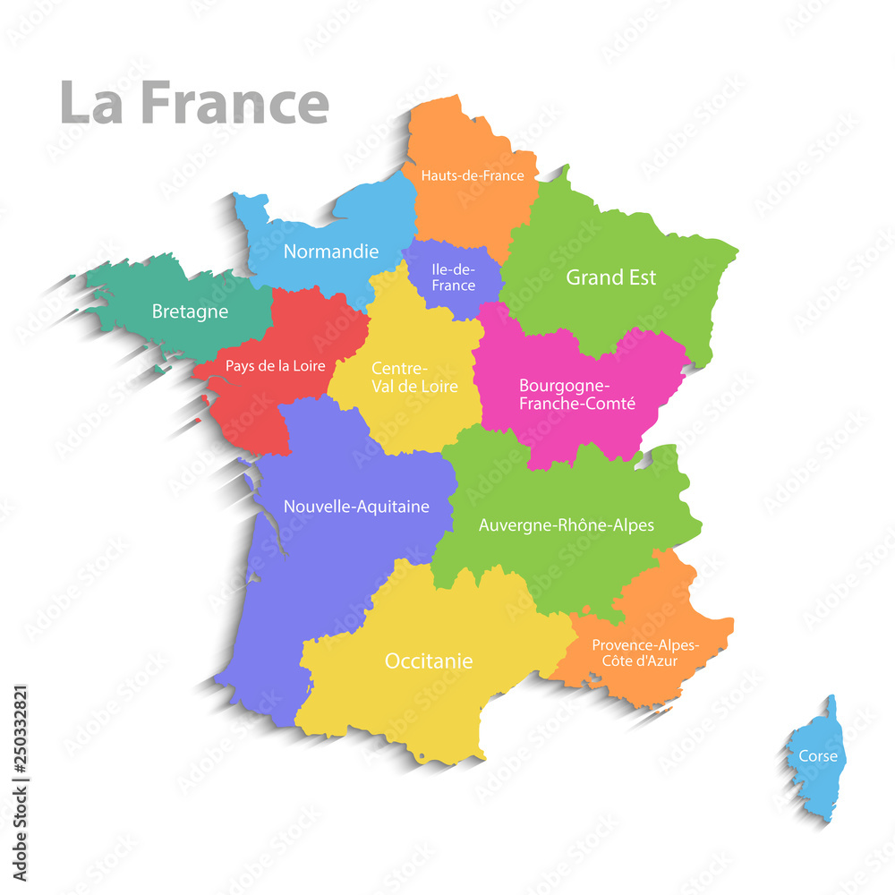 France map, new political detailed map, separate individual regions ...