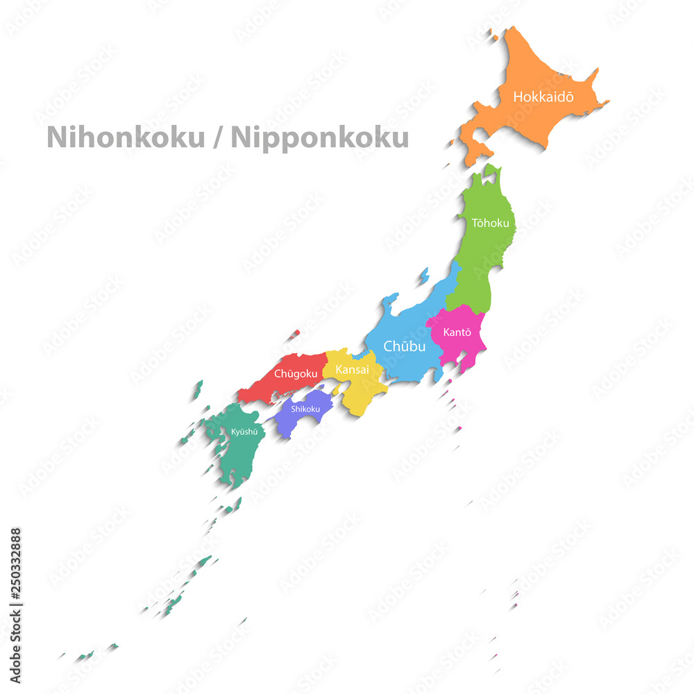 Japan map, new political detailed map, separate individual regions ...