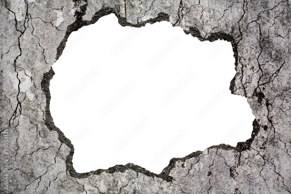 Damaged grungy crack and broken concrete wall on white, concept of ...