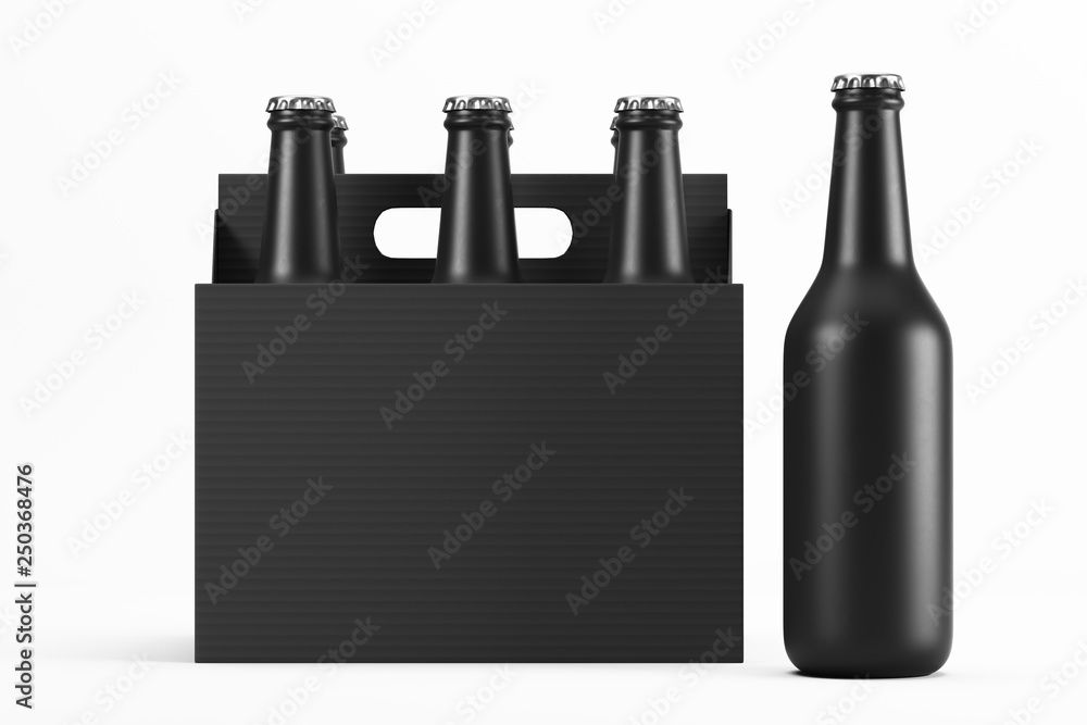 Glass matte black bottles in cardboard box on white background with ...