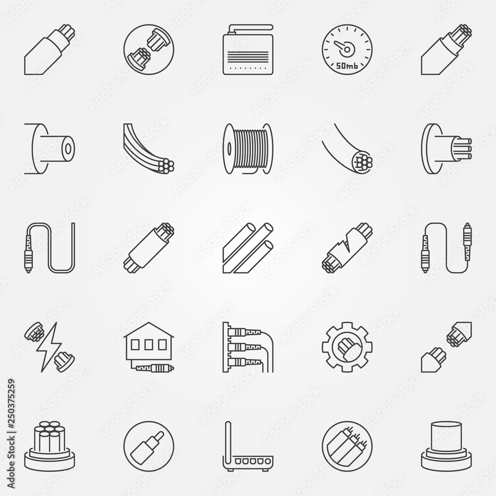 Optical fiber outline icons set. Vector fiber optic cable concept ...