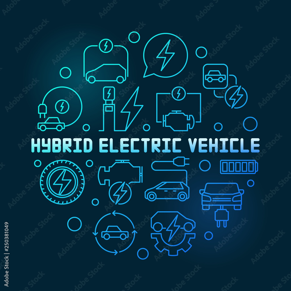 Hybrid Electric Vehicle round vector blue illustration in outline style ...