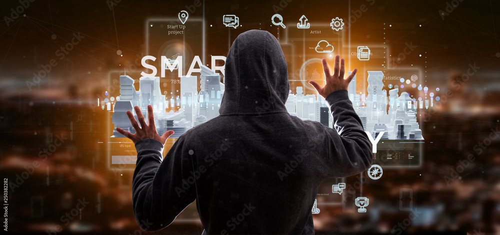 Hacker man holding Smart city user interface with icon, stats and data ...