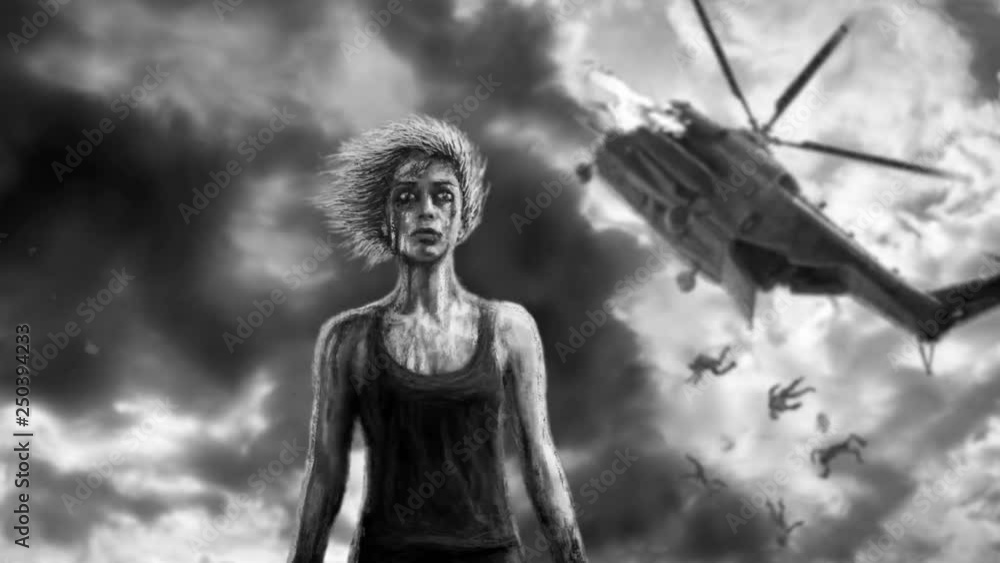 Woman soldier and falling helicopter behind. 2D animation in horror ...