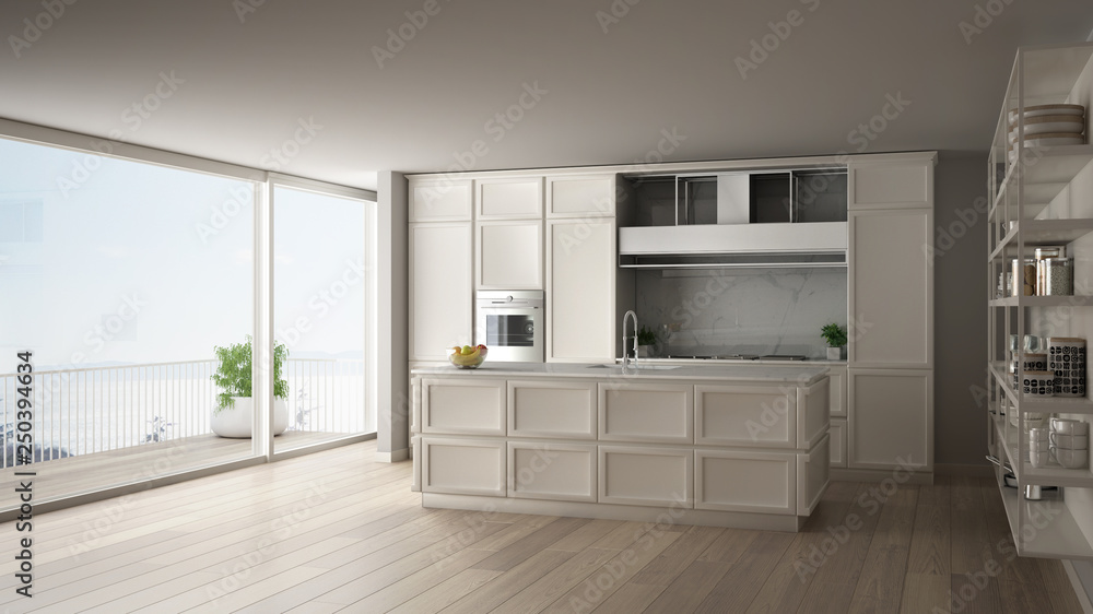 Classic white kitchen in modern open space with parquet floor and big ...