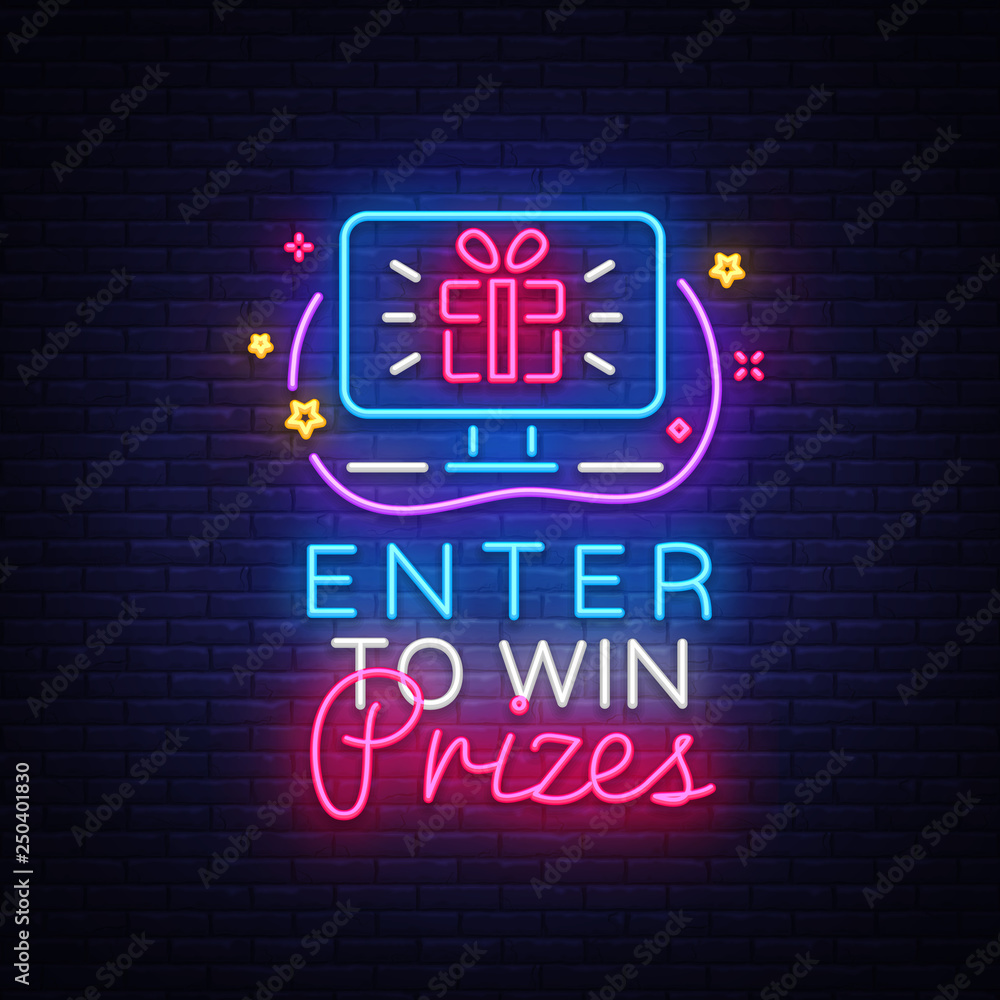 Enter to win Prizes neon sign vector design template. Gift neon design ...