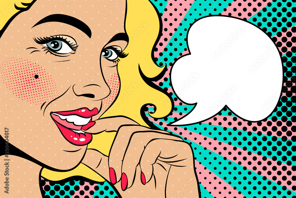 Sexy Blonde Pop Art Woman With Squinted Eyes And Open Mouth Background