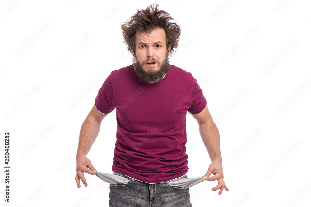Foto de Crazy bearded Man with funny Haircut showing his empty pockets ...