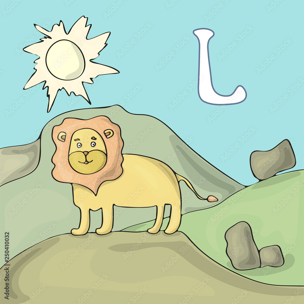 Illustrated alphabet letter L and Lion. ABC book image vector cartoon ...