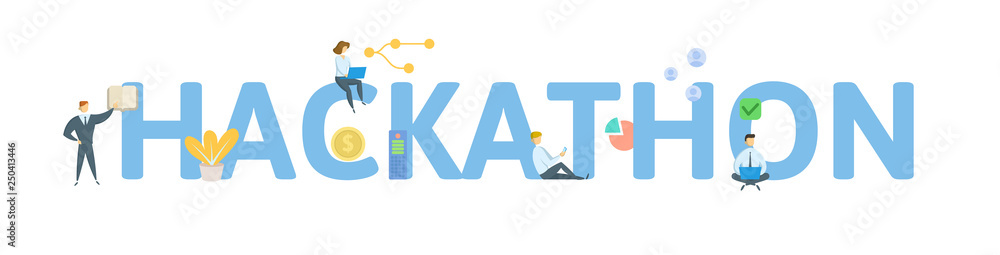 HACKATHON. Concept with people, letters and icons. Colored flat vector ...