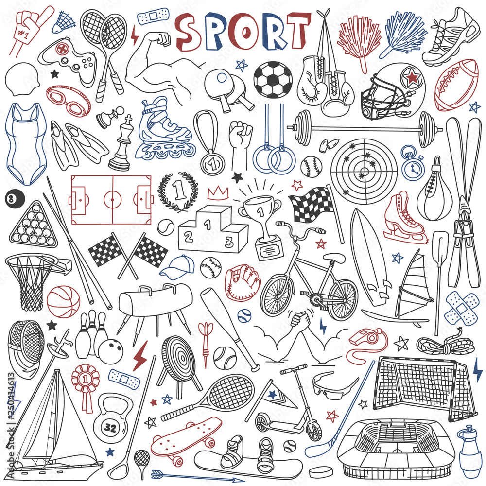 Sport and fitness doodles set. Popular physical activities and games ...