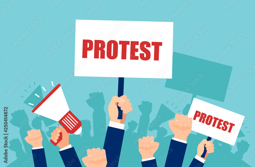 Vector of multiple hands holding protest signs and megaphone, crowd of ...