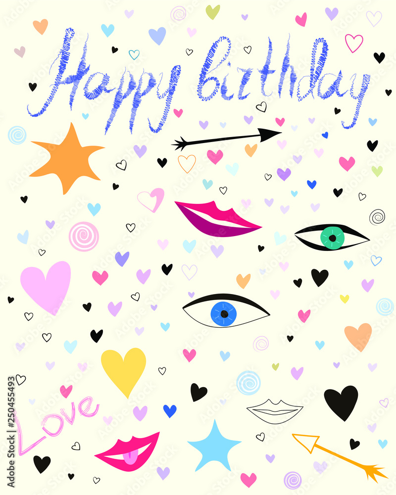 Happy birthday greeting card. Handwritten text and cute naive ...
