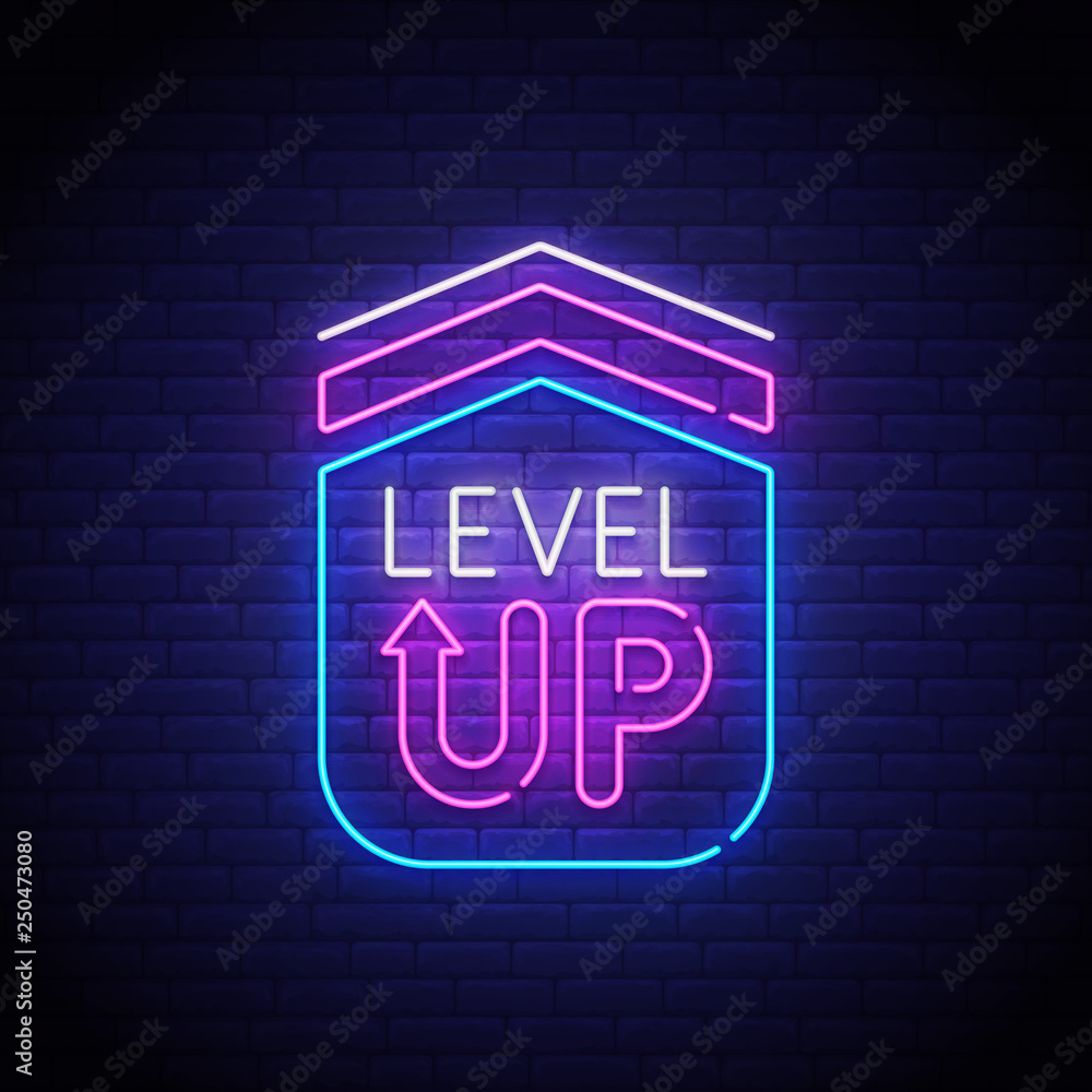 Game popup. Level up neon sign, bright signboard, light banner. Game ...