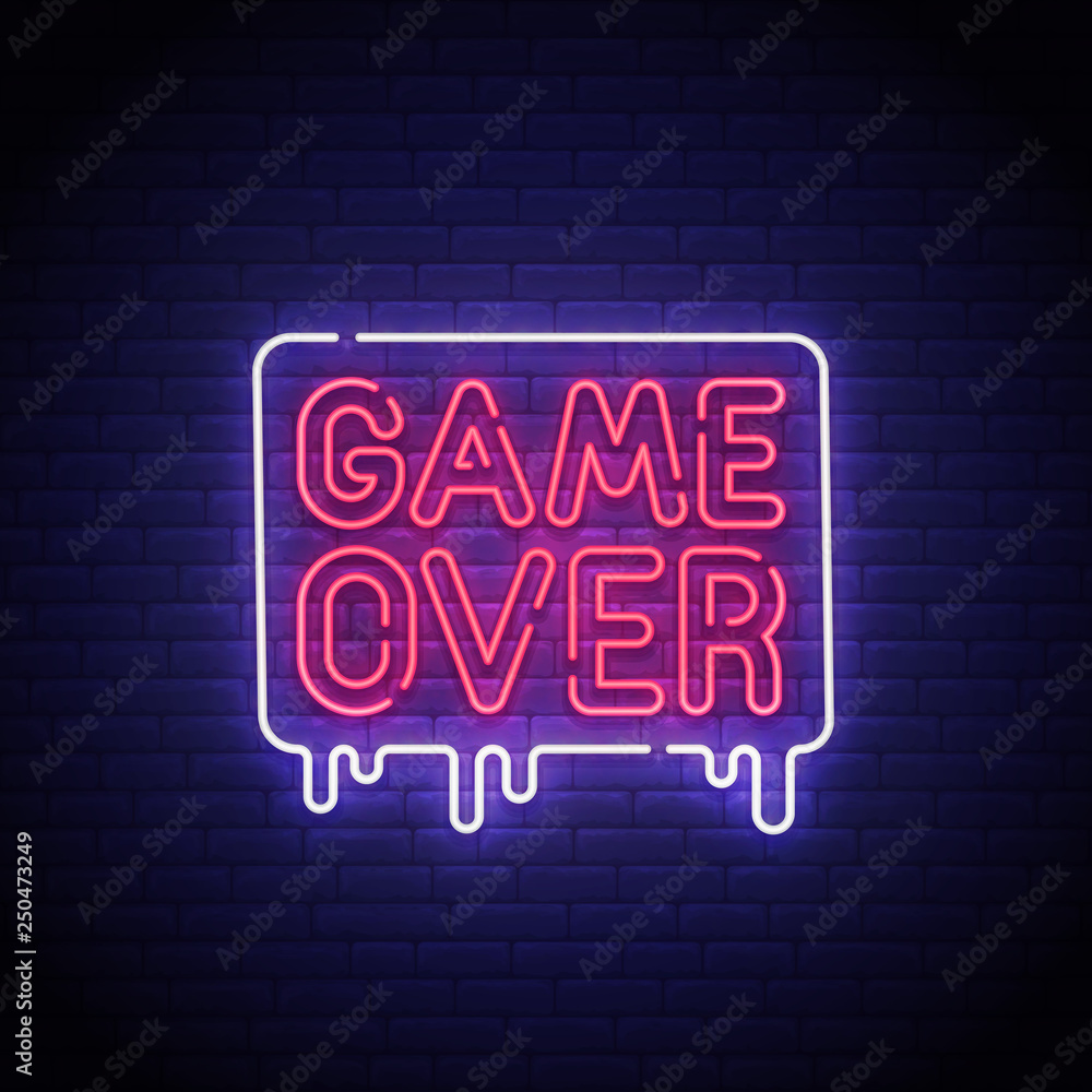 Game popup. Game Over neon sign, bright signboard, light banner. Game ...