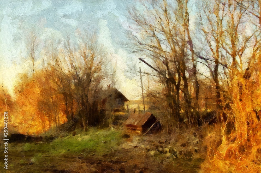 Village house and nature motifs. Beauty spring landscape. Oil painting ...