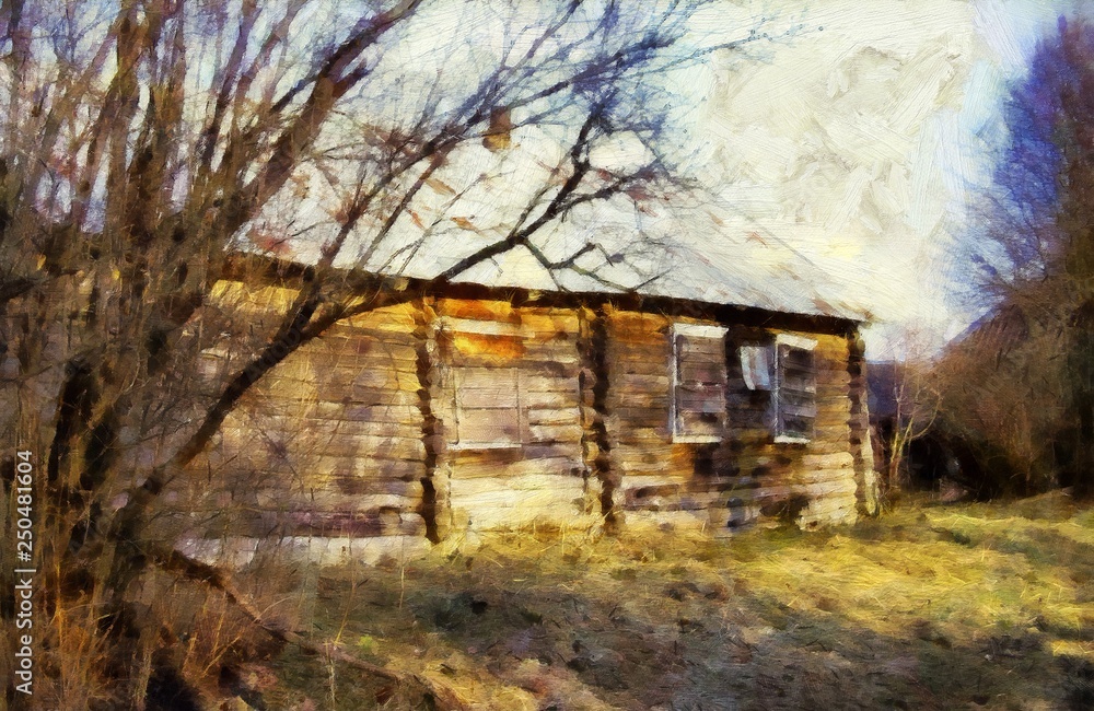 Village house and nature motifs. Beauty spring landscape. Oil painting ...